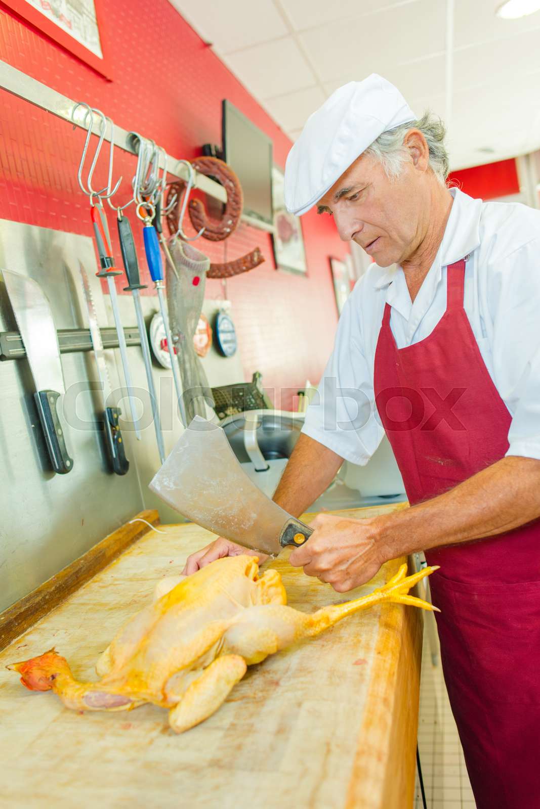 Butcher jointing a chicken | Stock image | Colourbox