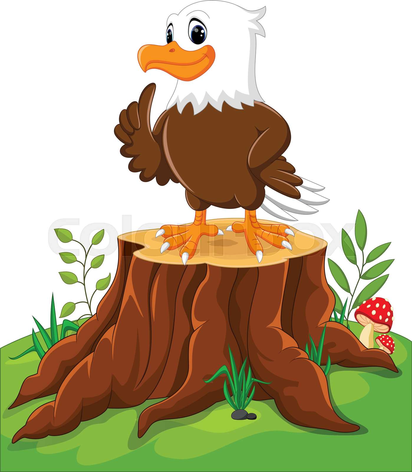 Cute eagle cartoon on tree stump | Stock vector | Colourbox