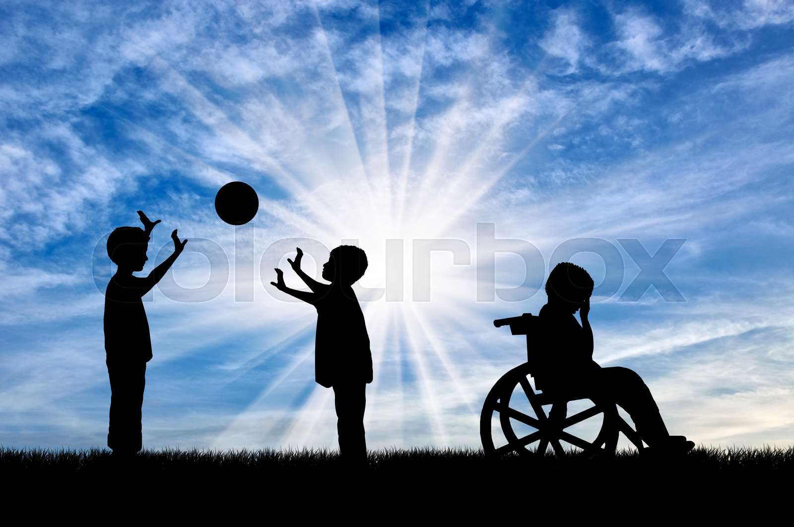 Disabled child in wheelchair crying near children play with ball ...
