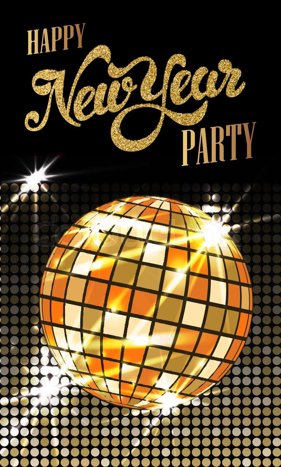 Fashion New Year party poster with gold sparkles. Disco ball with ...