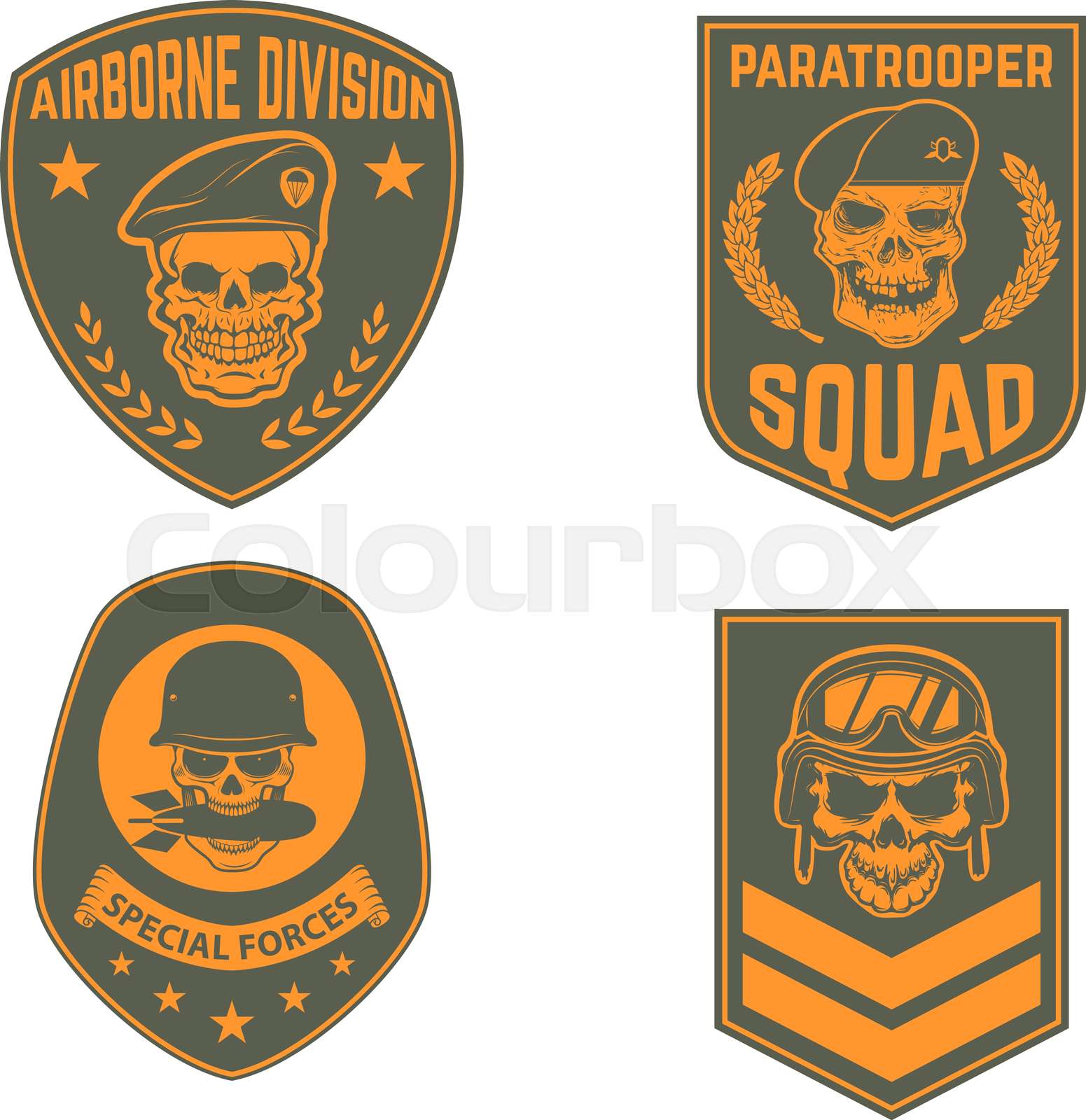 Set of military emblems templates. Skull in paratrooper beret. Skull in ...