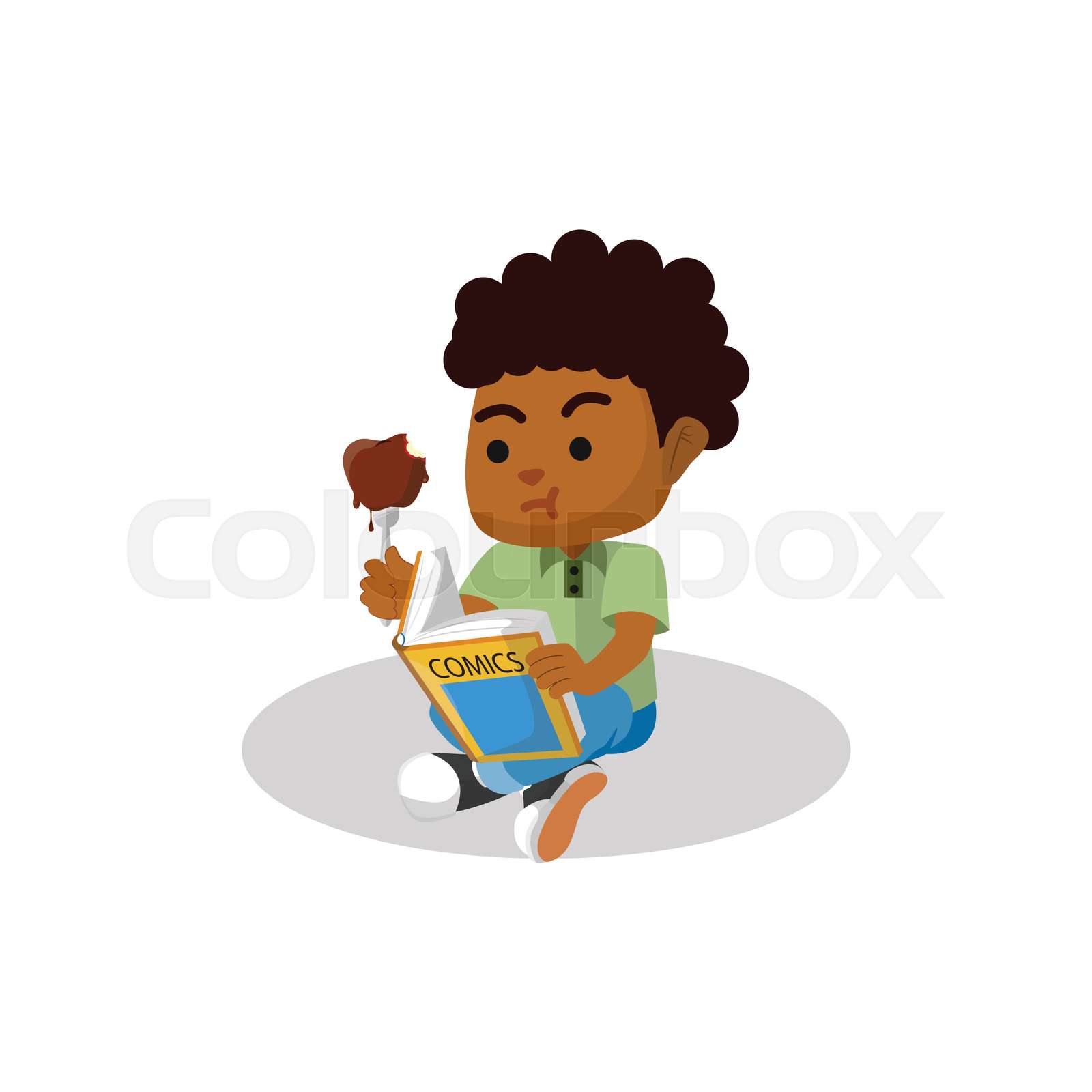 Boy eating chocolate and reading book | Stock vector | Colourbox