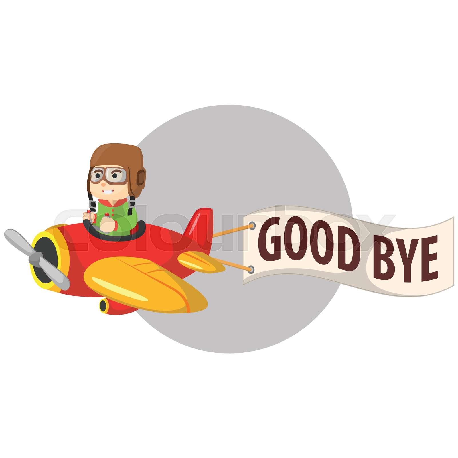 Boy riding plane and say goodbye | Stock vector | Colourbox