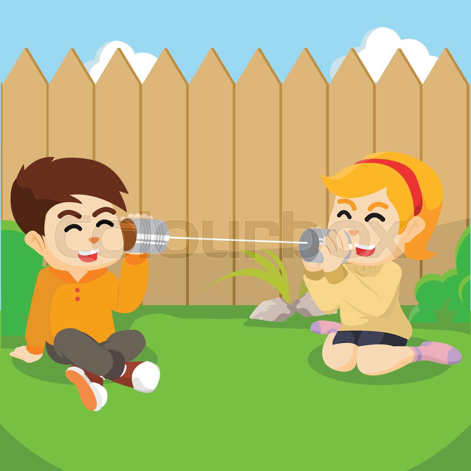 Boy and Girl using communication string phone | Stock vector | Colourbox