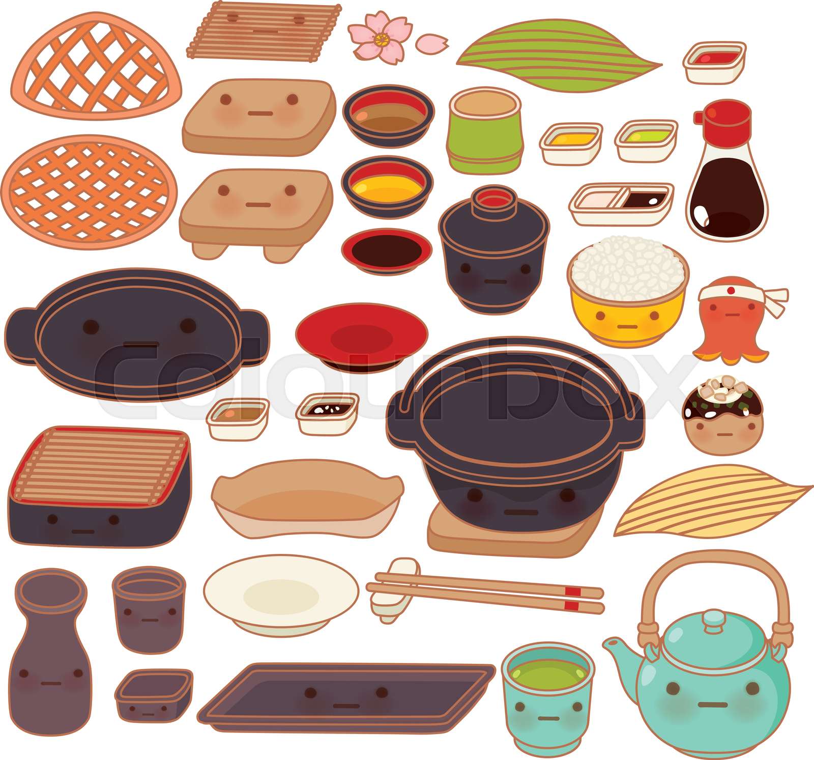 Collection set of lovely japanese kitchen ware doodle icon, cute pot ...