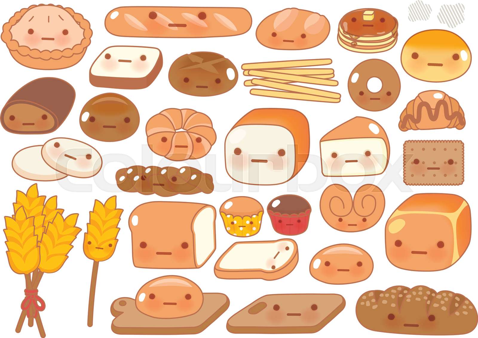 Collection of lovely baby bakery food doodle icon, cute white bread ...