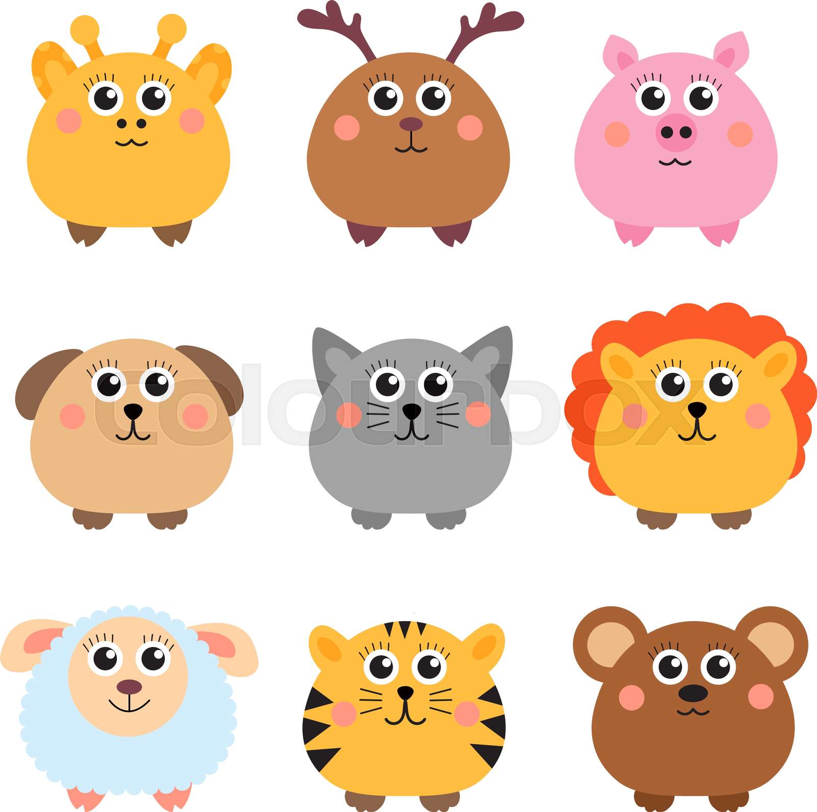 Set of cute animals rounded shape. Round animals. Vector illustration ...