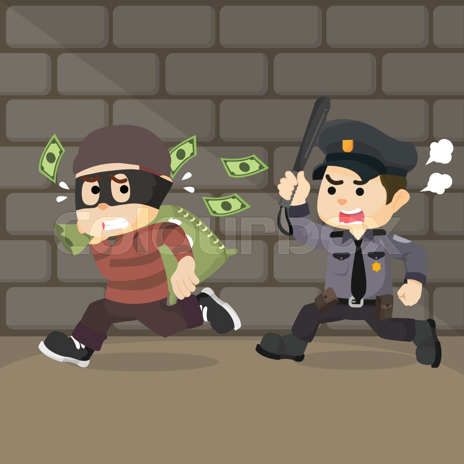 the thief took the money and ran from police | Stock vector | Colourbox
