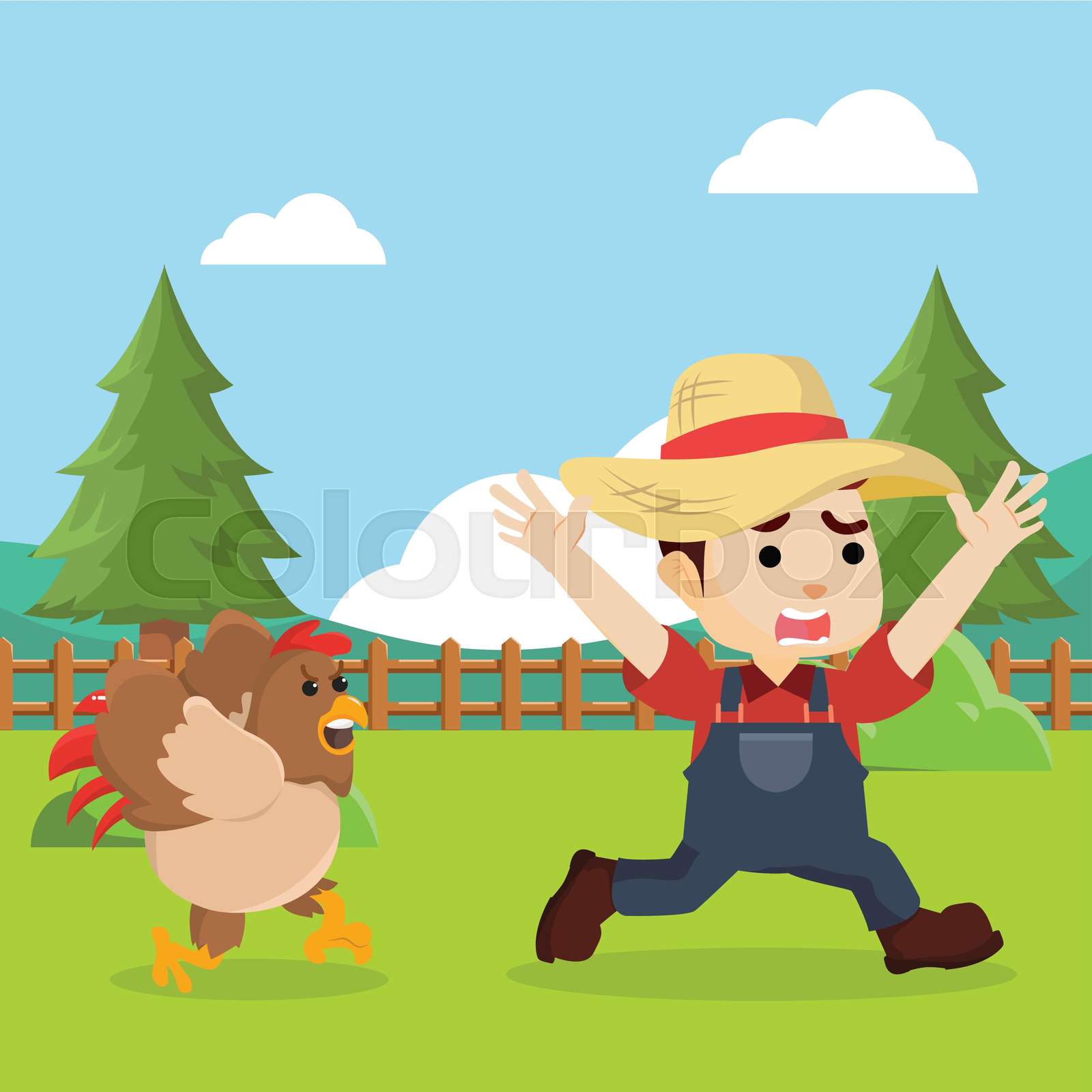 chicken scare boy farmer | Stock vector | Colourbox