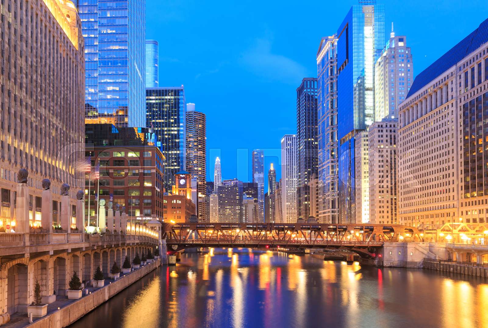 Image of Chicago downtown and Chicago River with bridges during sunset ...