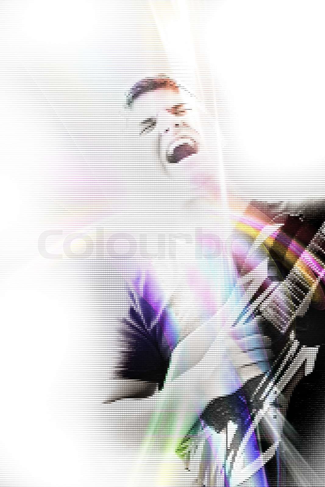 Abstract illustration of a young man rocking out with his electric ...