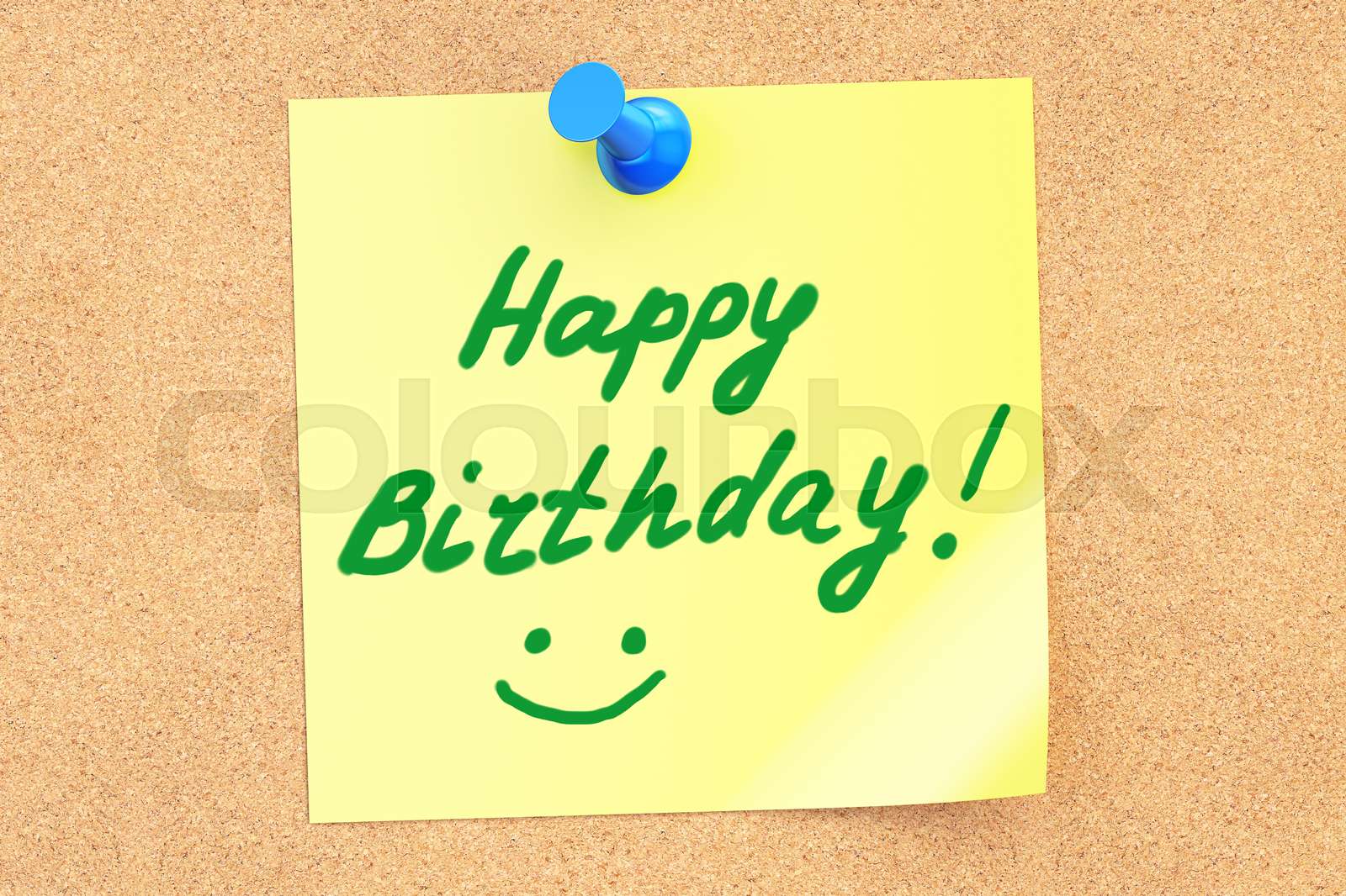 Happy Birthday text on a sticky note pinned to a corkboard. 3D ...