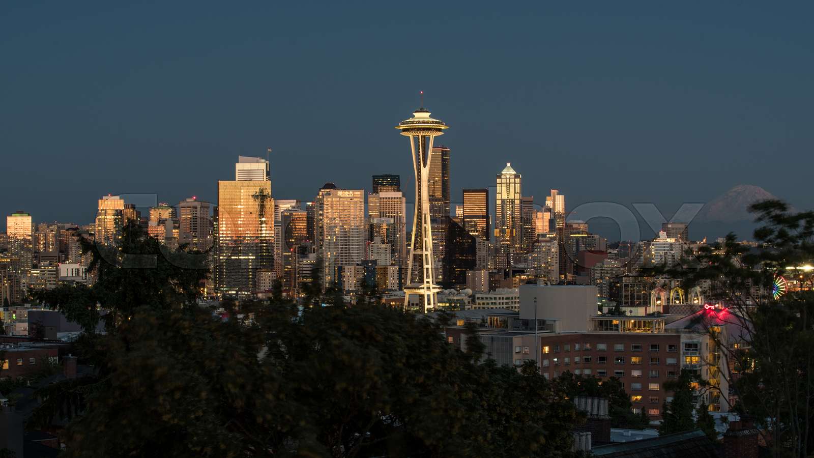 Seattle Skyline with the Space Needle and Mount Rainier at Night ...