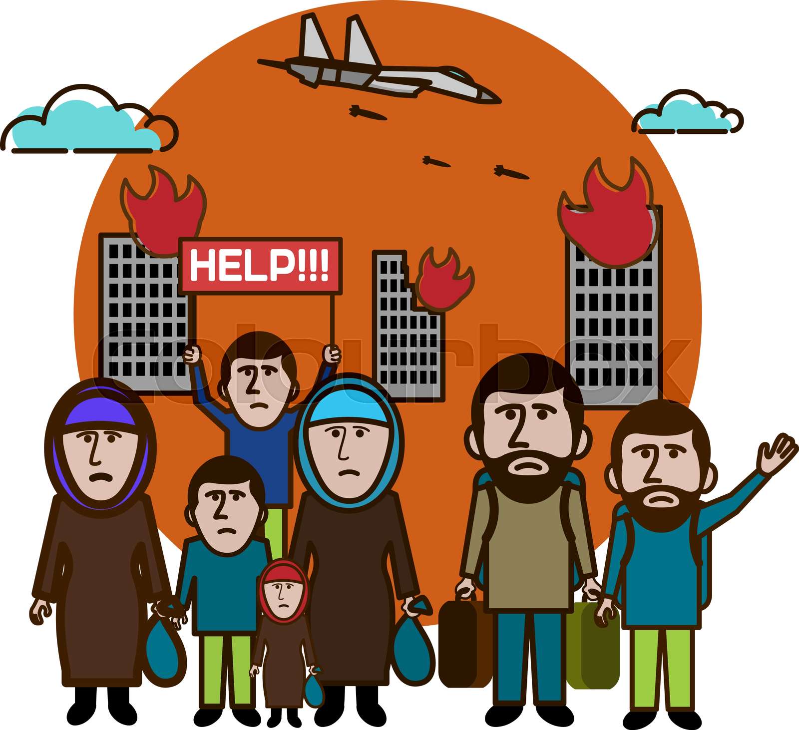 Refugees escape from bombing. Help Us. International migrants day ...