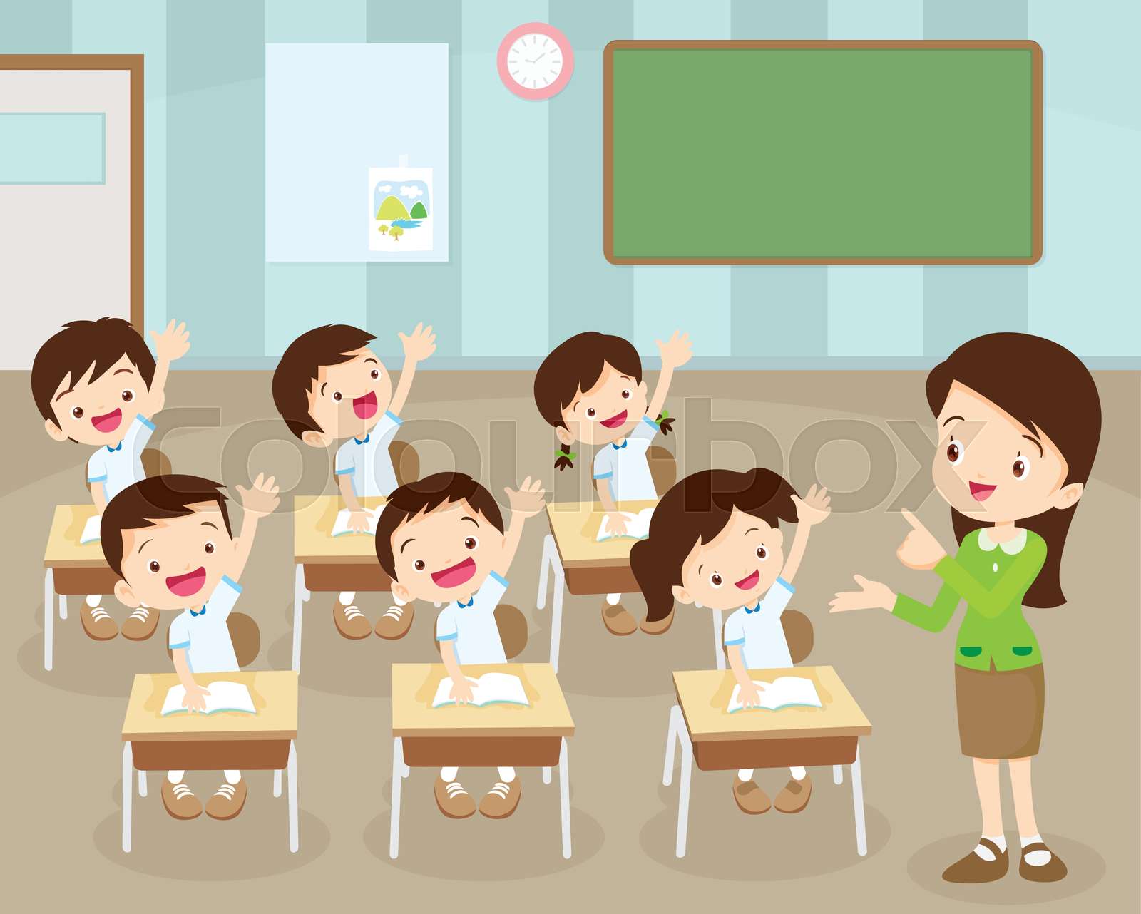 Students hand up in Classroom | Stock vector | Colourbox