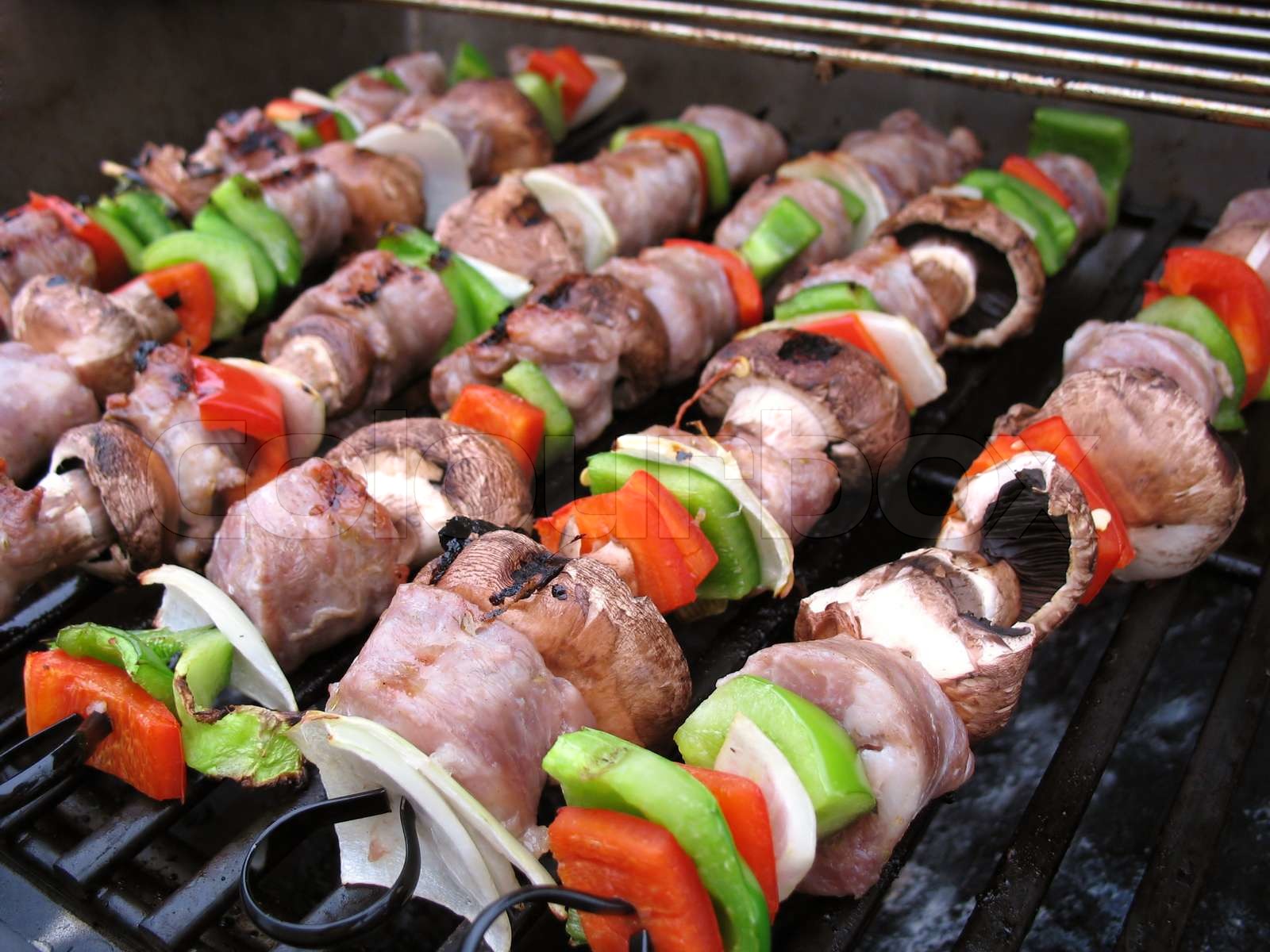 Pølse shish kebab på spyd , madlavning på grillShallow dybdeskarphed ...
