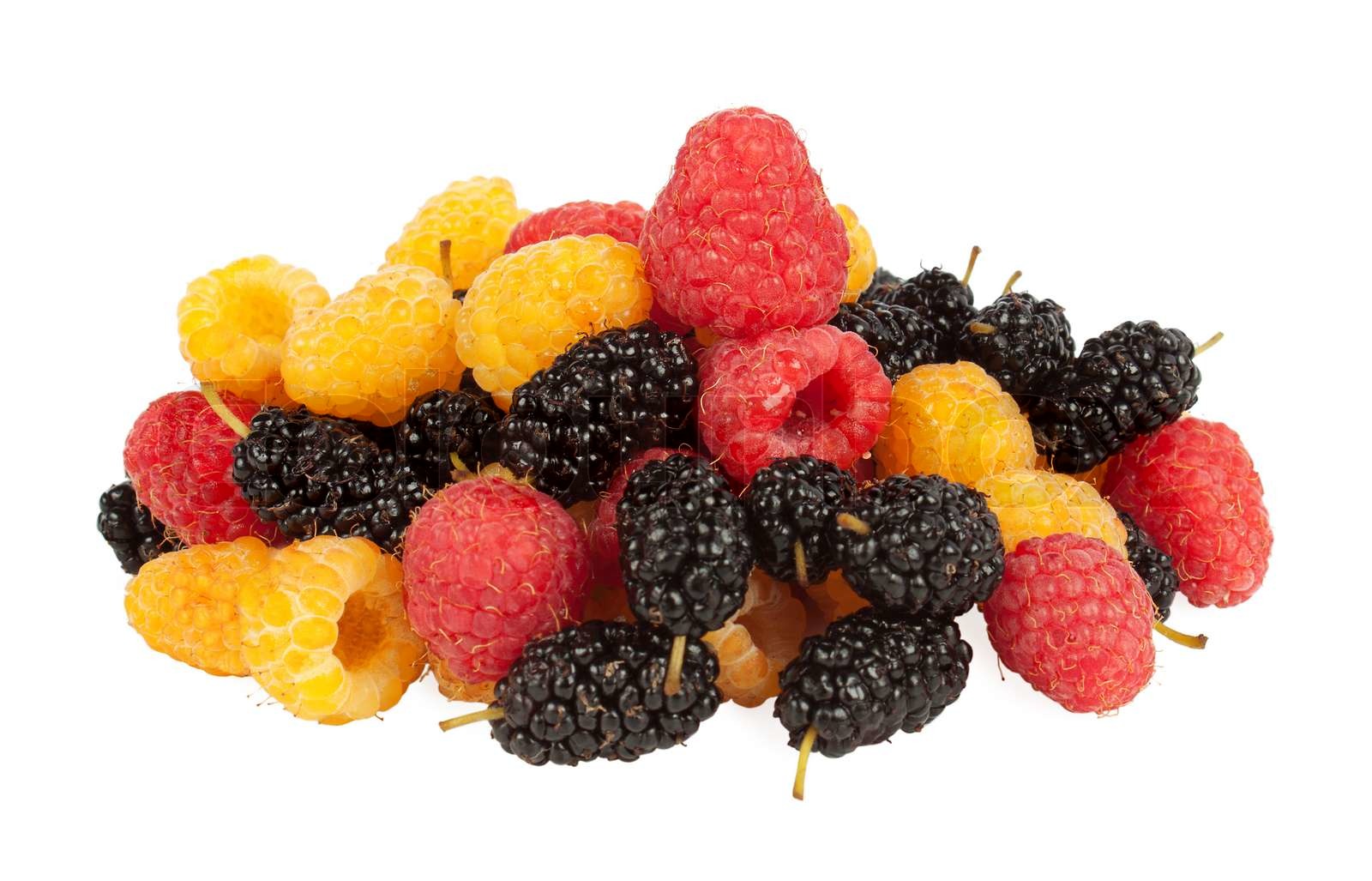 ripe raspberries and mulberries isolated on white | Stock image | Colourbox