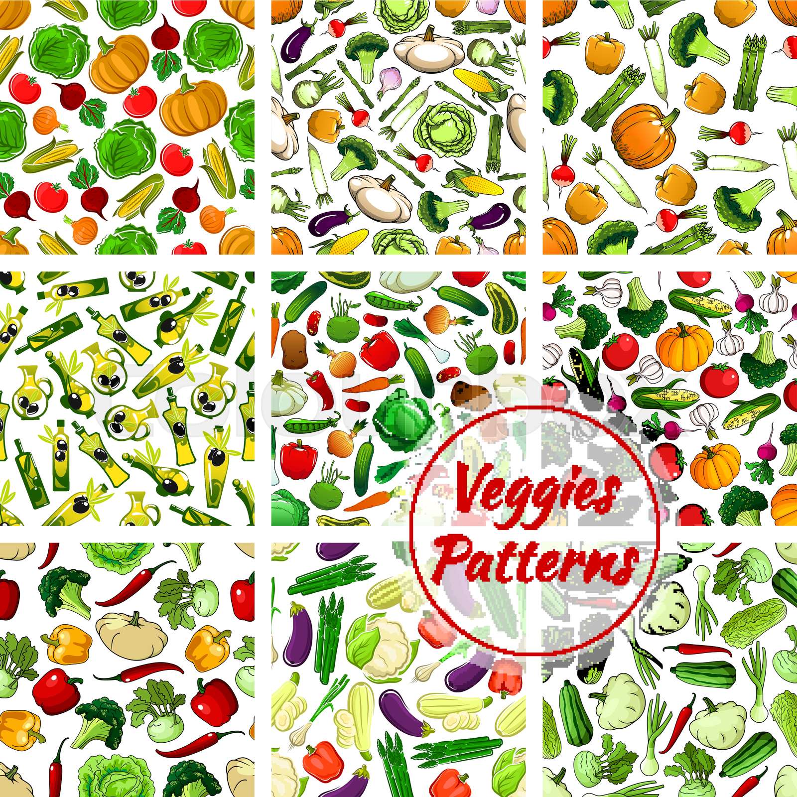 Veggies vegetables seamless patterns set | Stock vector | Colourbox