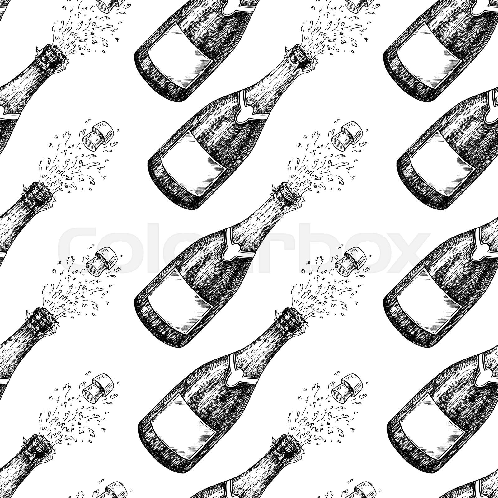 Champagne seamless pattern. Bottle explosion. Hand drawn isolated ...