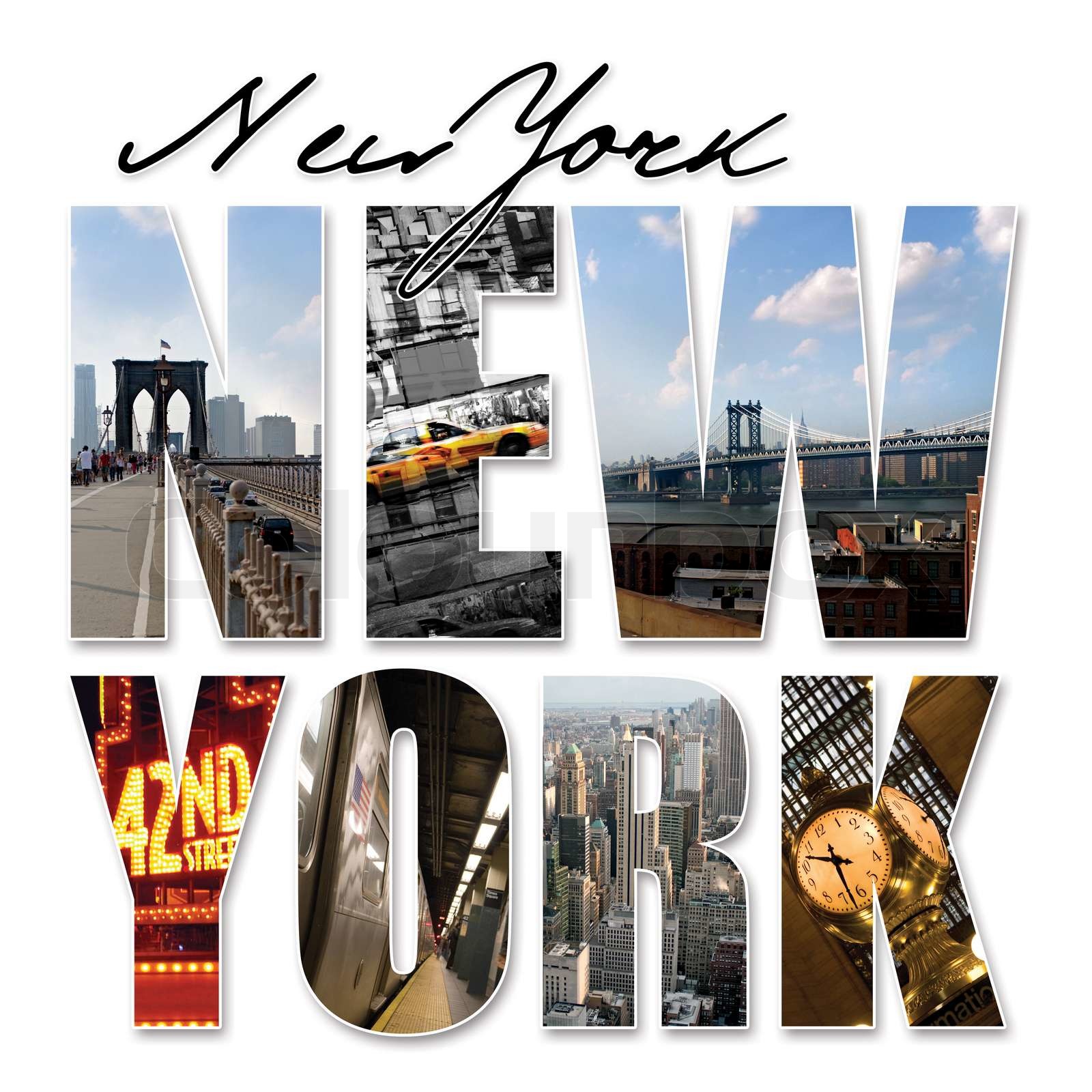 A New York City Motto Montage oder Collage mit verschiedenen berühmten ...