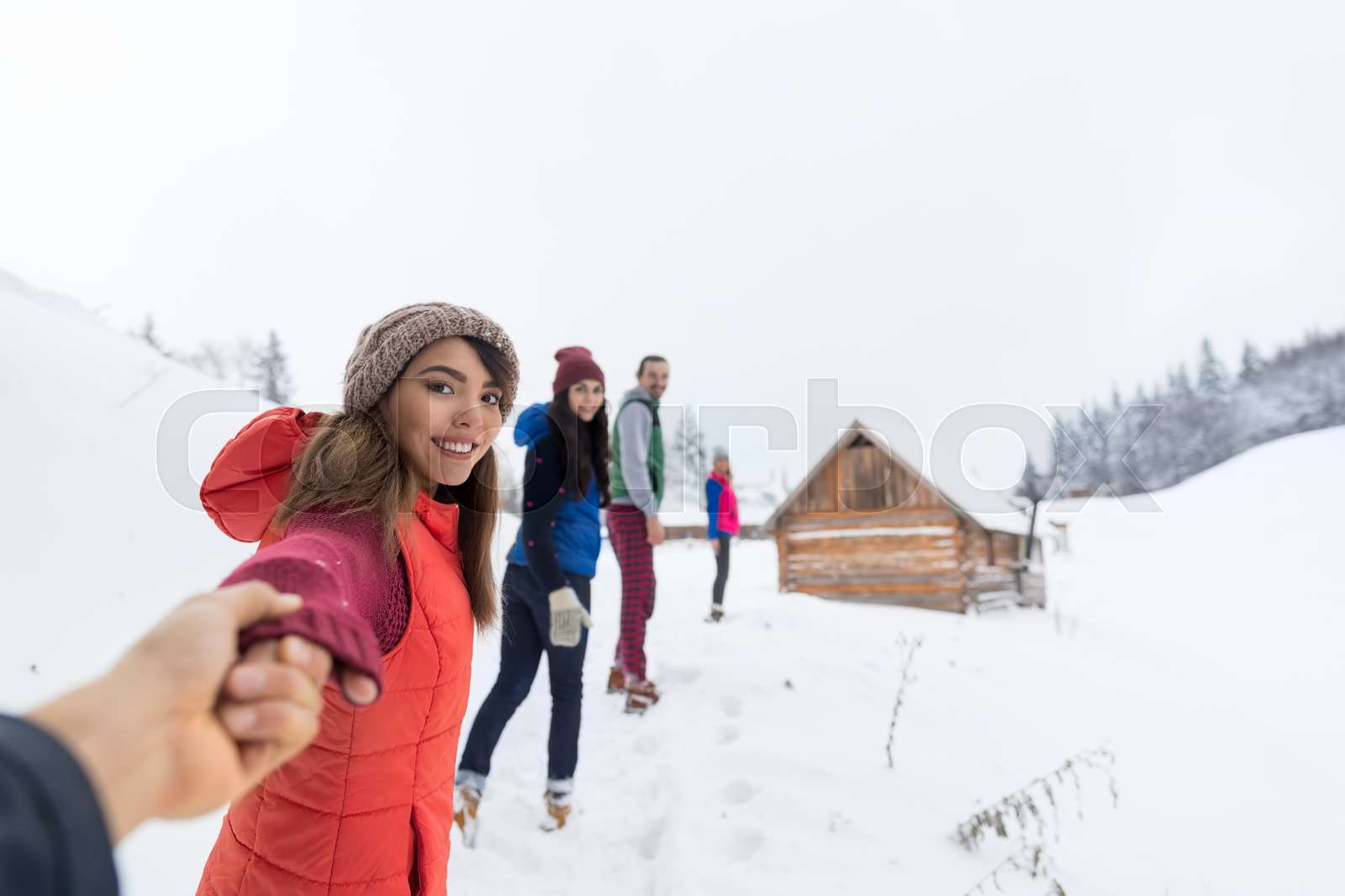 People Group Near Wooden Country House Winter Snow Resort Cottage ...