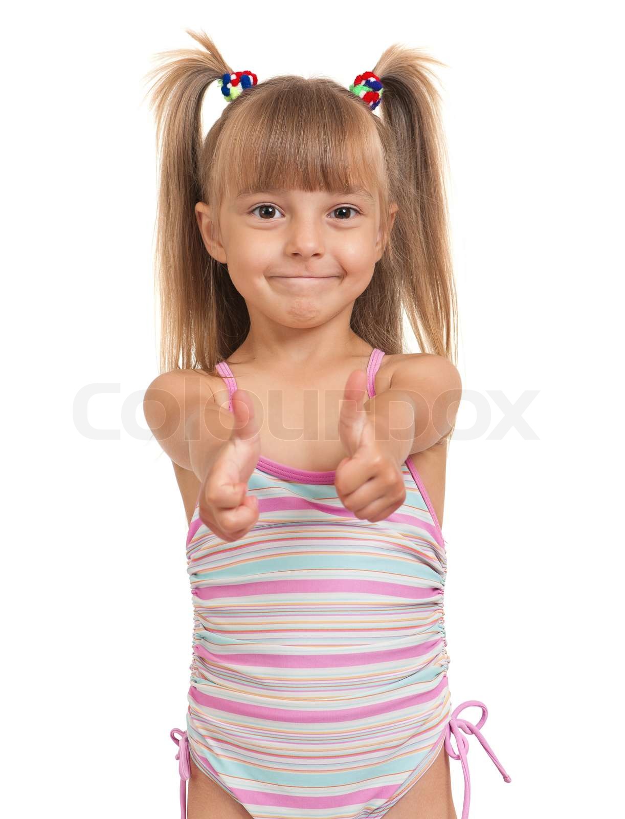Little beautiful girl wearing pink swimsuit isolated on white ...