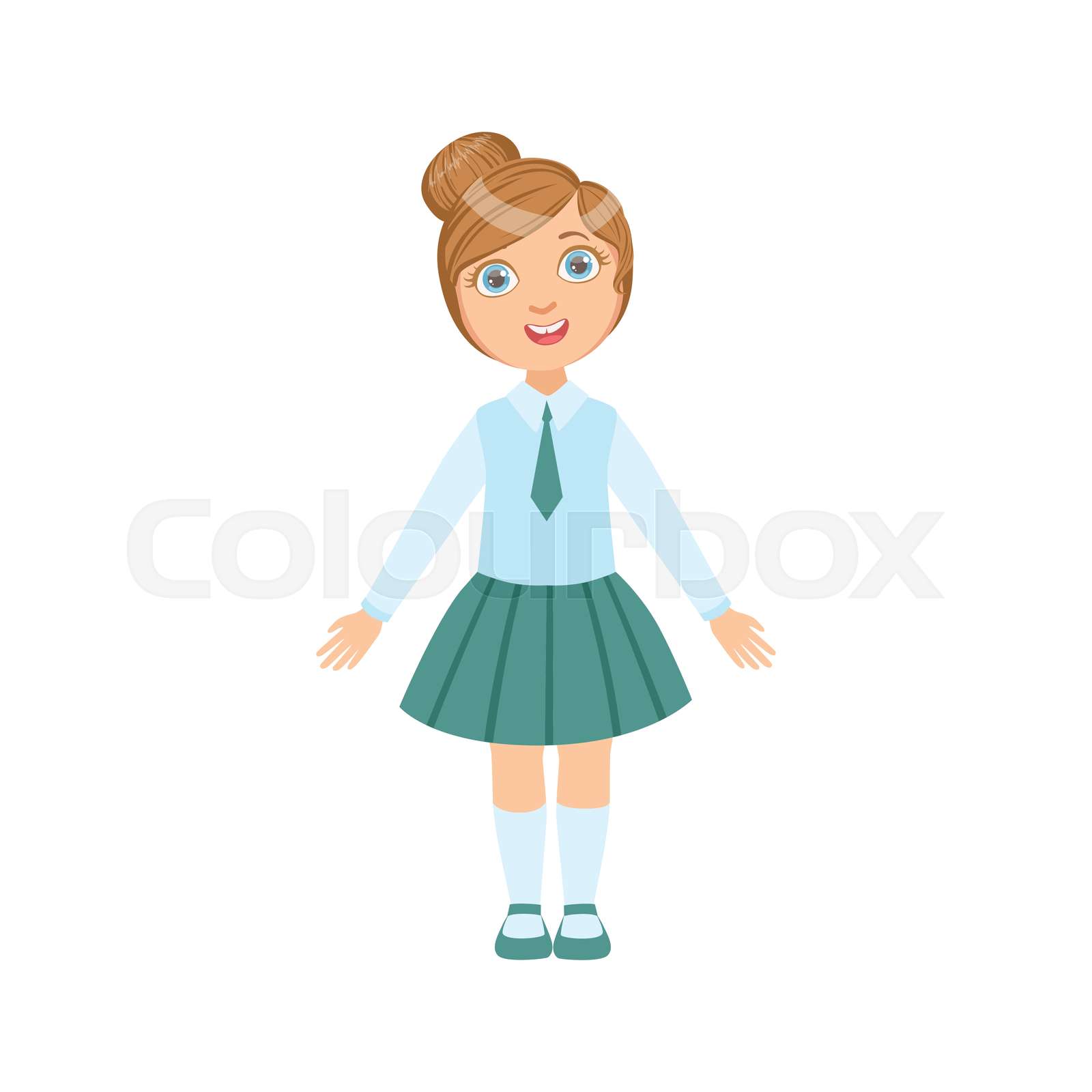 Girl In Blue Skirt And Tie Happy Schoolkid In School Uniform Standing ...