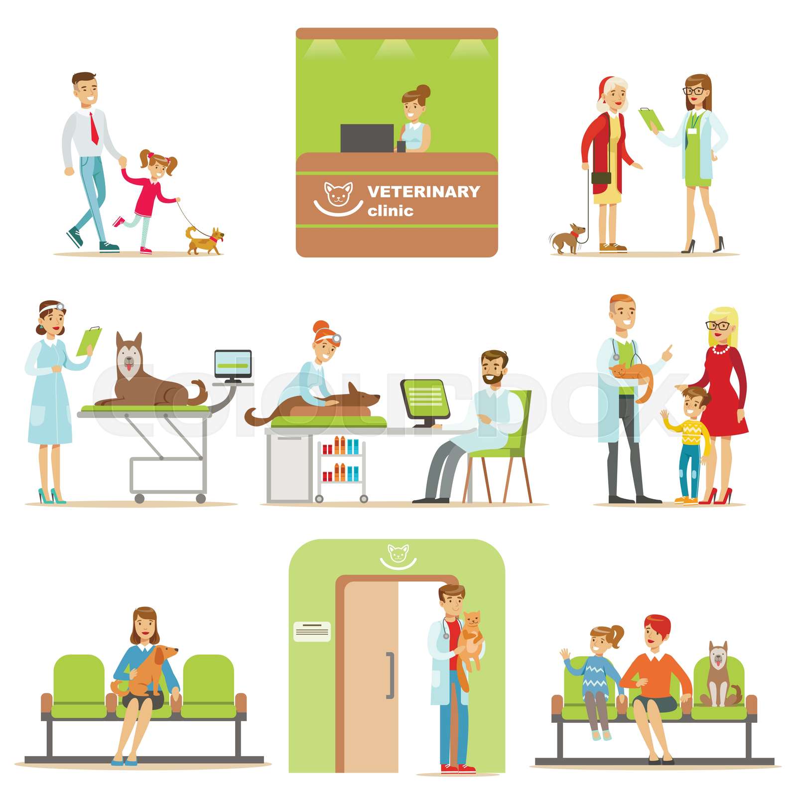 Smiling Cartoon Characters Bringing Their Pets For Vet Examination In ...