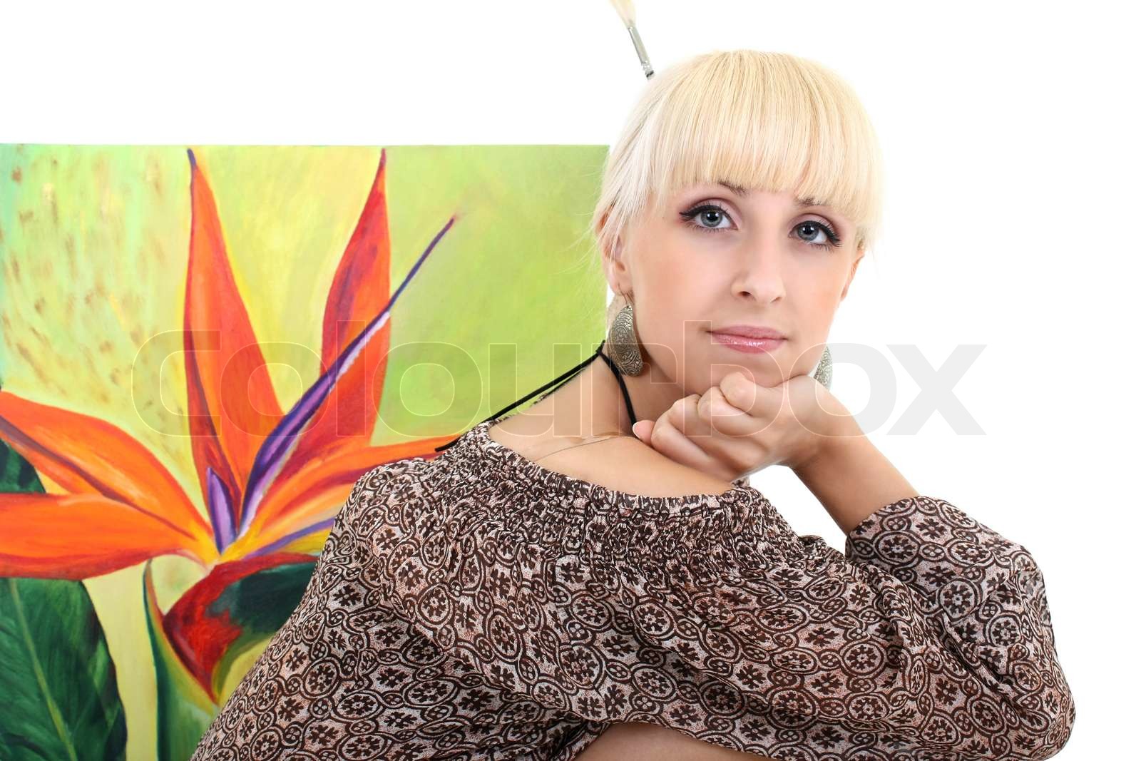 blondie-woman-painter-with-picture-over-white-stock-image-colourbox