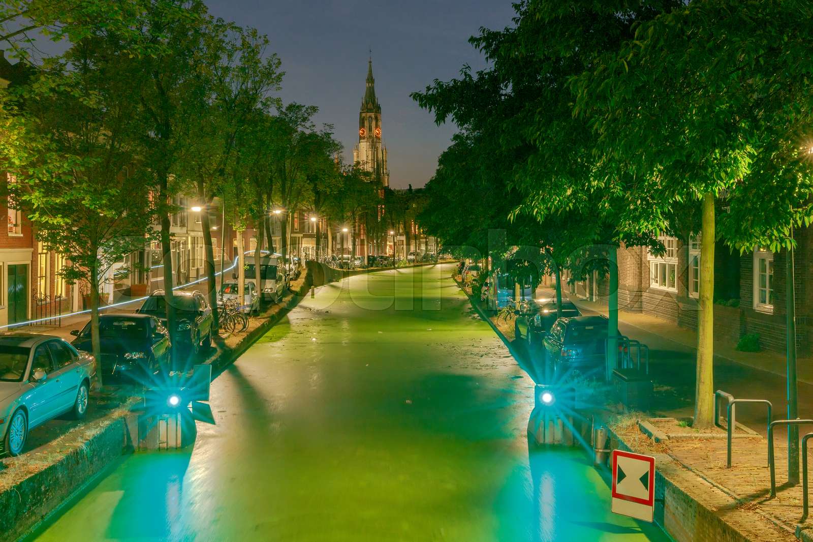 Delft. City Canal at night. | Stock image | Colourbox