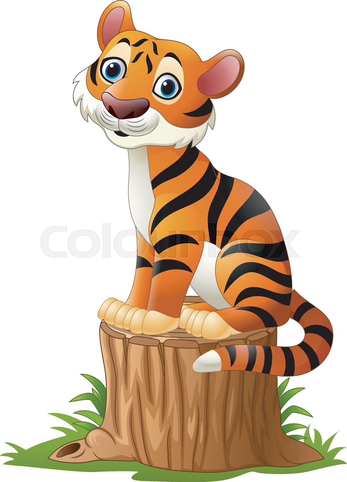 Cartoon tiger sitting on tree stump | Stock vector | Colourbox