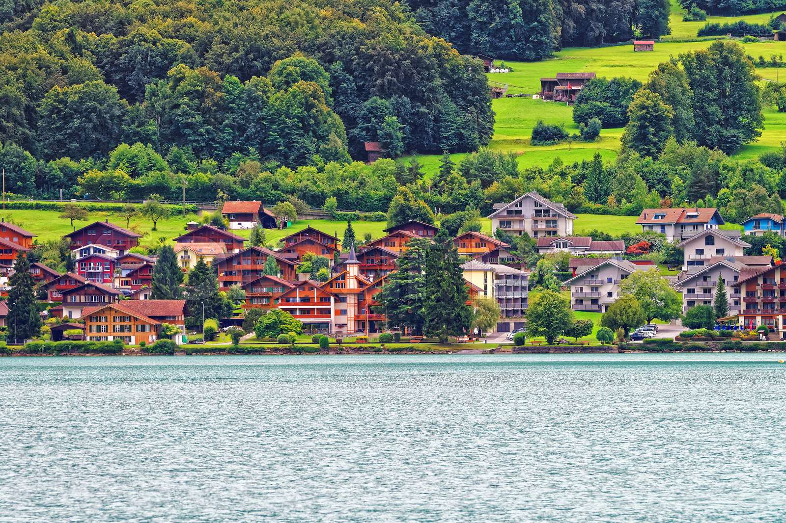 Chalets at Lake Brienz and Brienzer Rothorn mountain Bern Switzerland ...