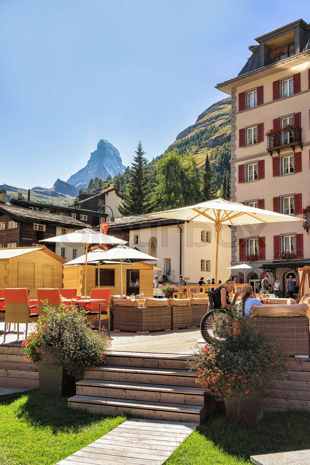 Cafe in Zermatt with Matterhorn mountain summit | Stock image | Colourbox