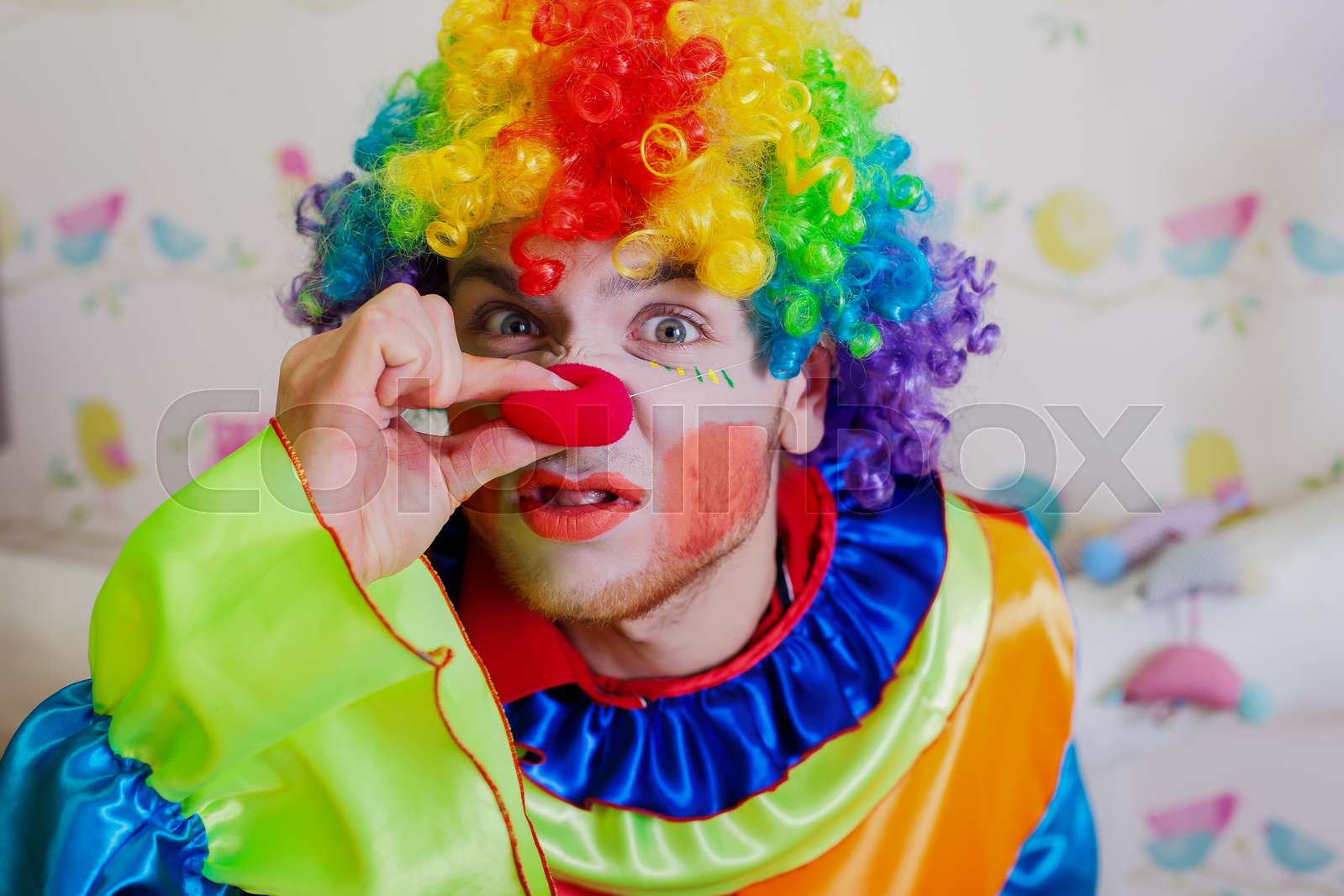 Clown pushes himself on the nose. | Stock image | Colourbox