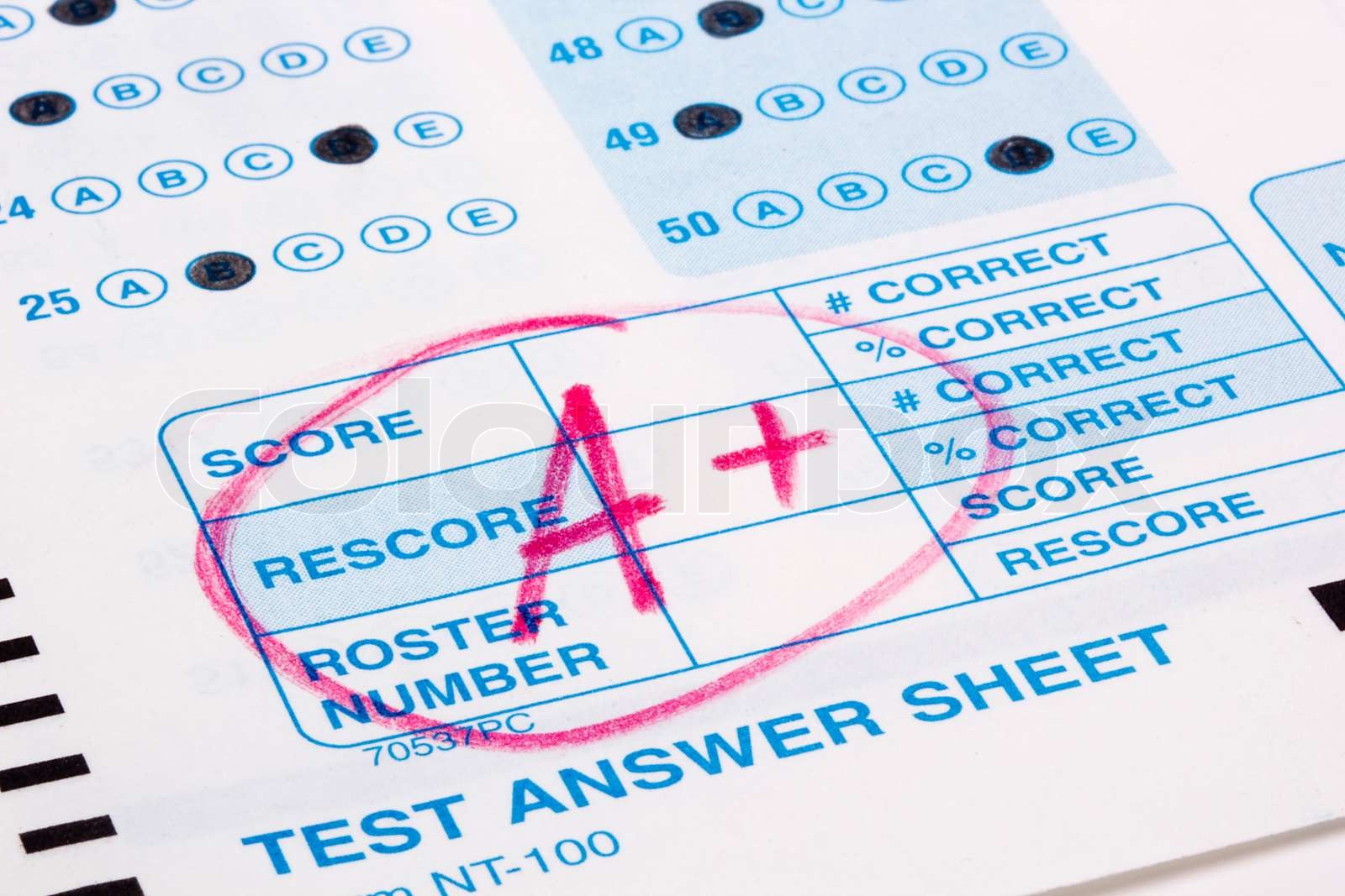 Close-up photograph of a perfect grade on a scantron test. | Stock ...