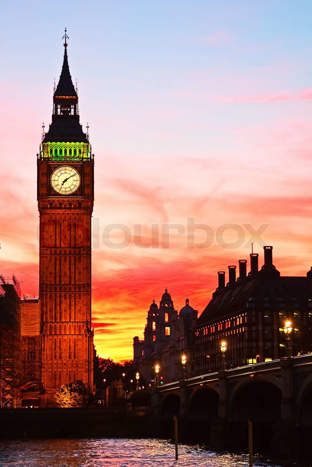 Dramatic sunset over famous Big Ben clock tower in London, UK | Stock ...