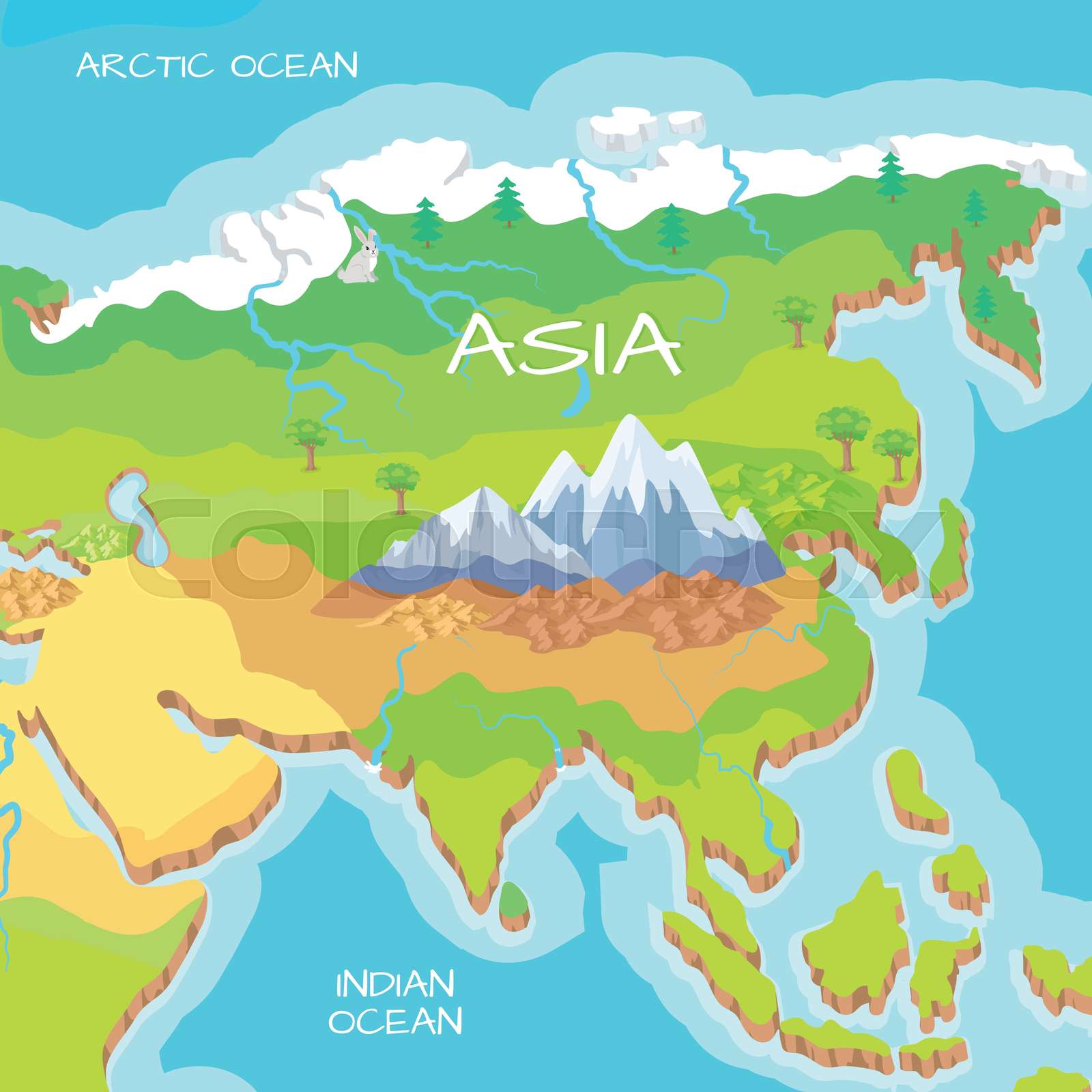 Asia Isometric Map with Natural Attractions | Stock vector | Colourbox