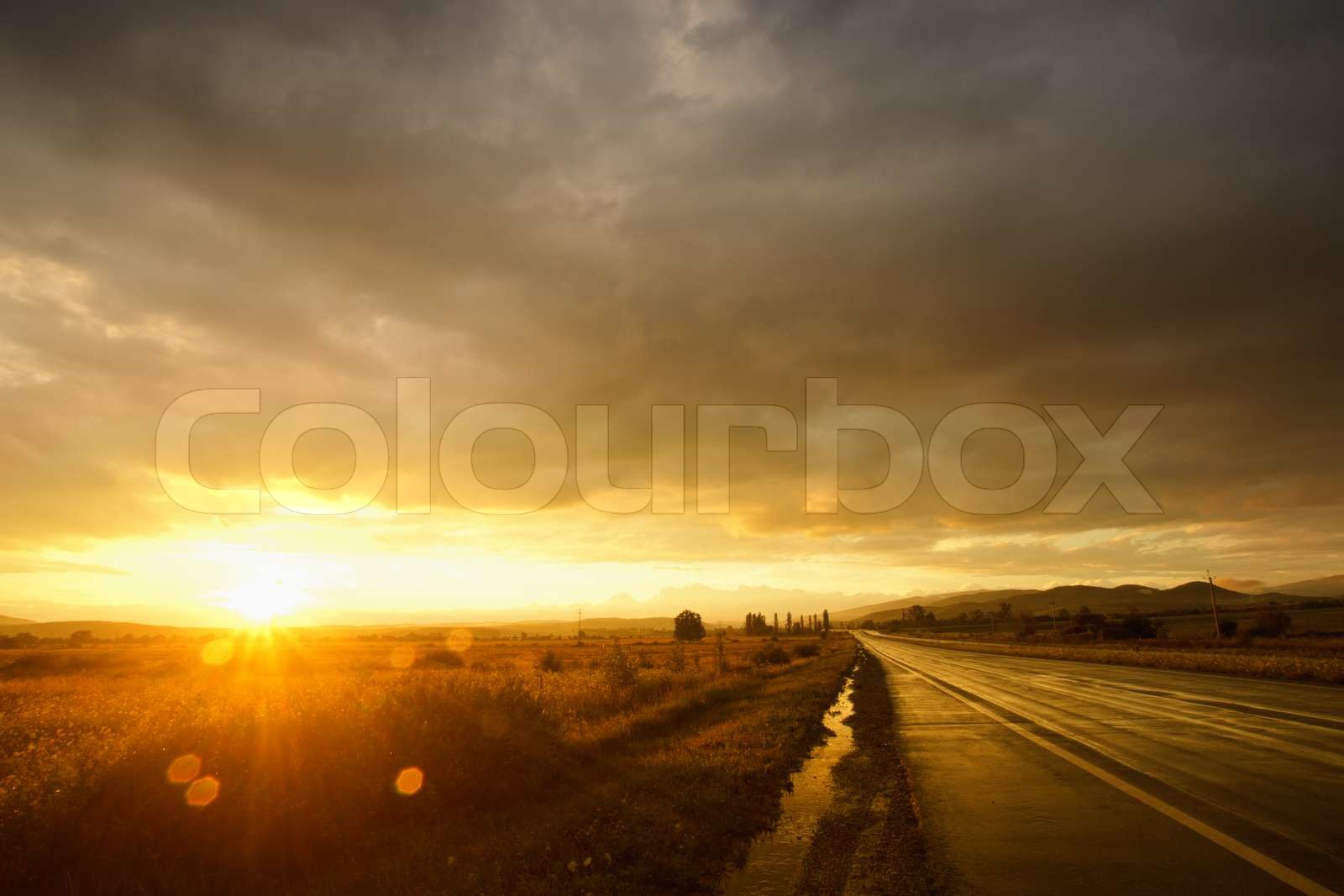 Wet road after rain and sunset over fields | Stock image | Colourbox