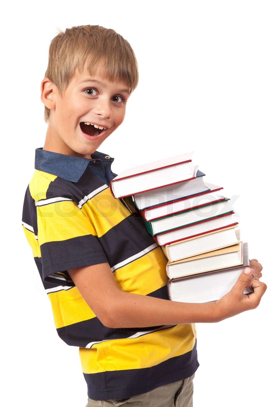 School boy is holding books isolated on white background | Stock image ...