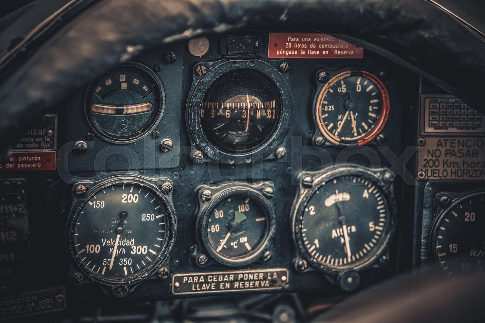 Vintage aircraft cockpit detail. Retro aviation, aircraft instruments ...