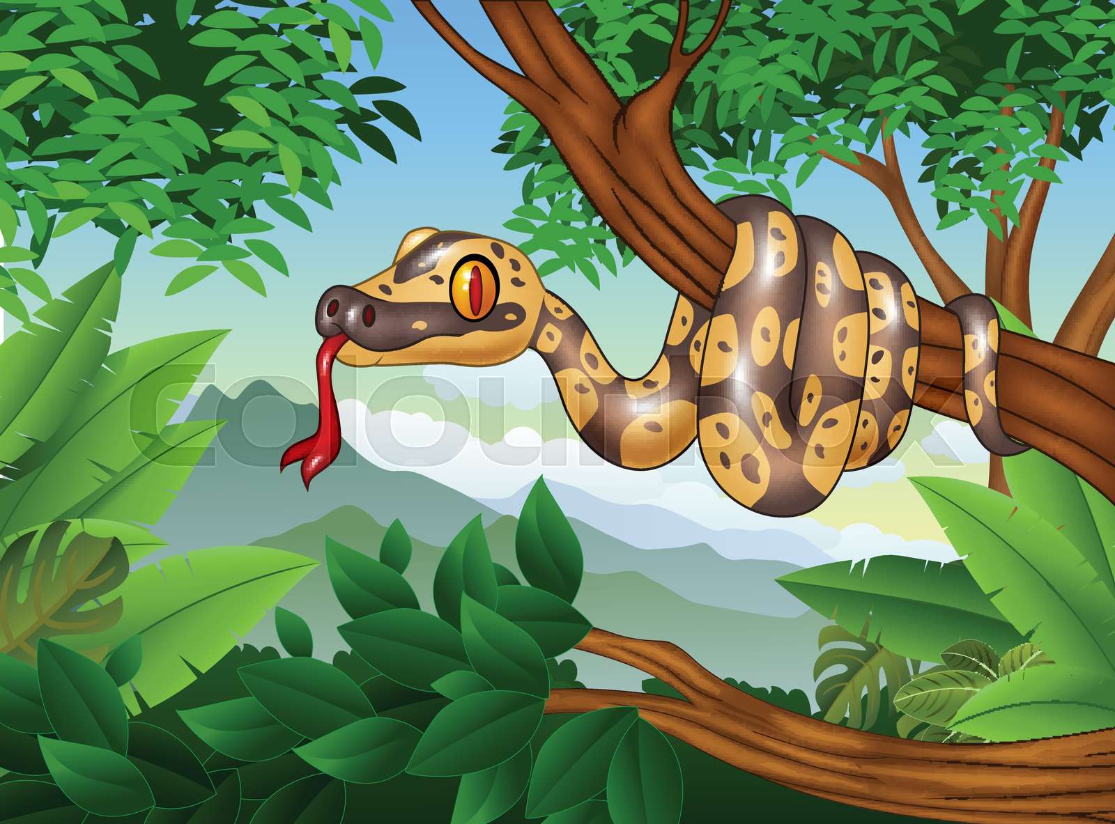 Cartoon Royal Python snake creeping on a branch | Stock vector | Colourbox