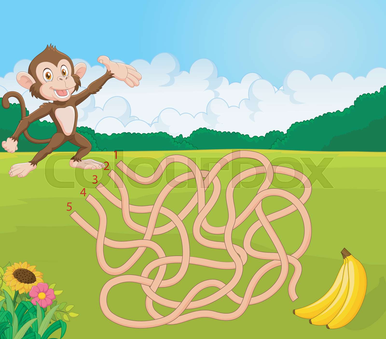 Maze game for kids with monkey and banana | Stock vector | Colourbox