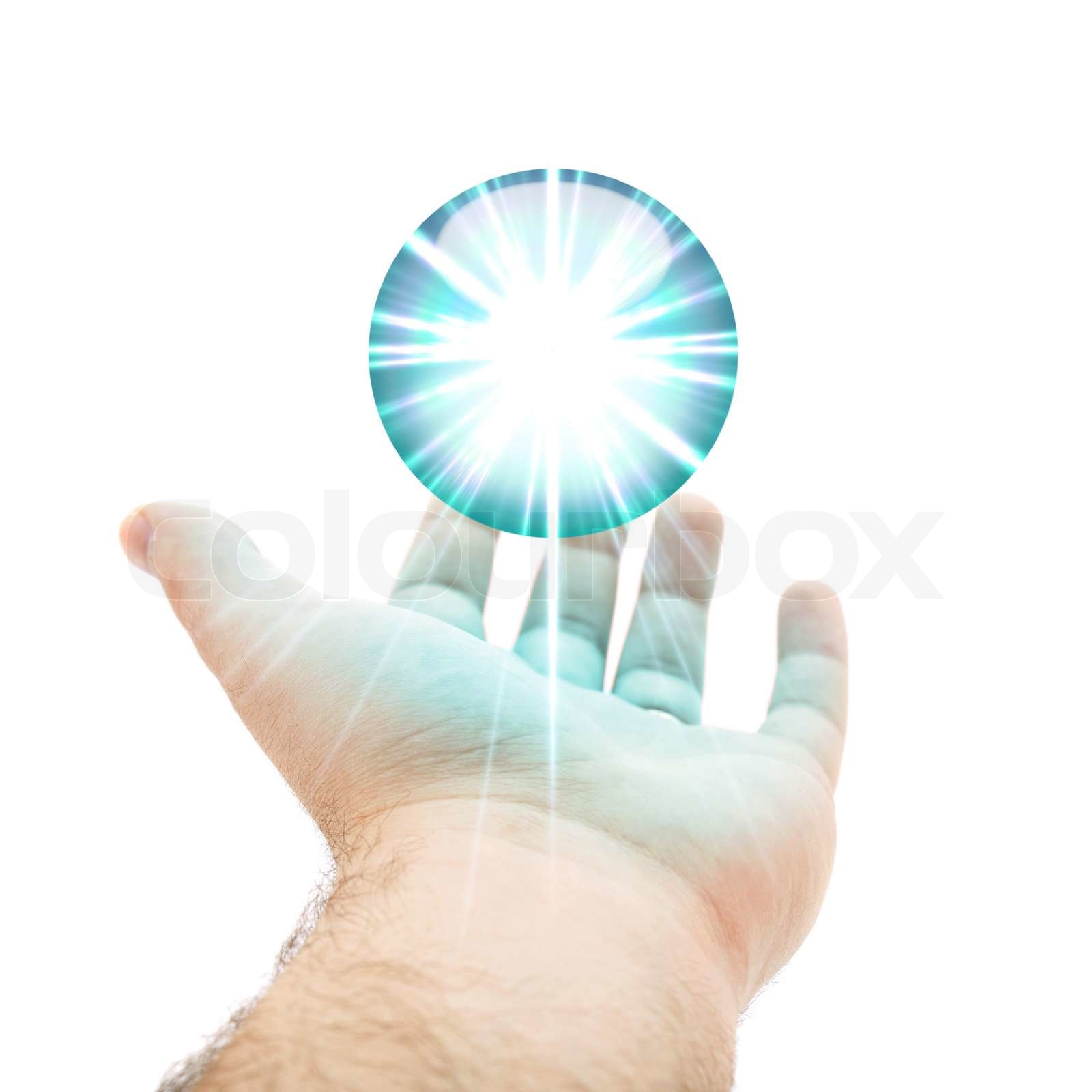 En hånd , der holdt ud med en blå orb eller runde knap svævende over ...