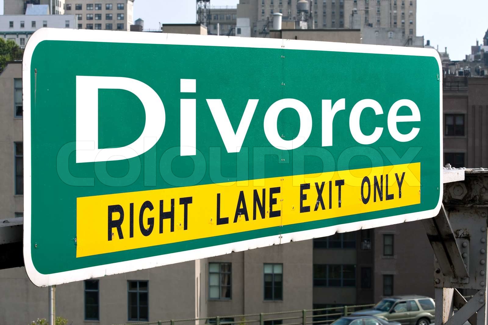A green highway sign with the word Divorce on it | Stock image | Colourbox