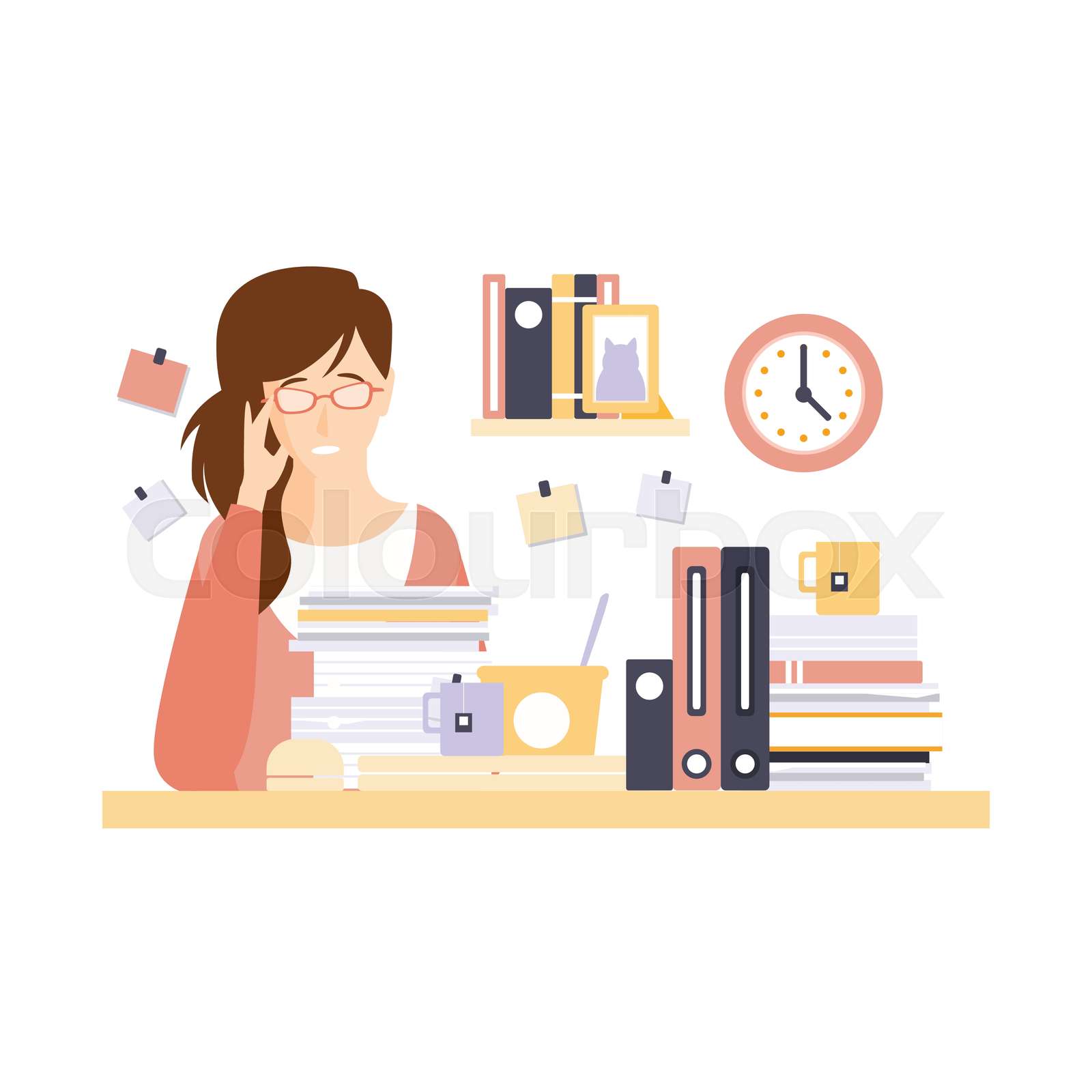 Woman Office Worker In Office Cubicle With Too Much Work Having Her ...