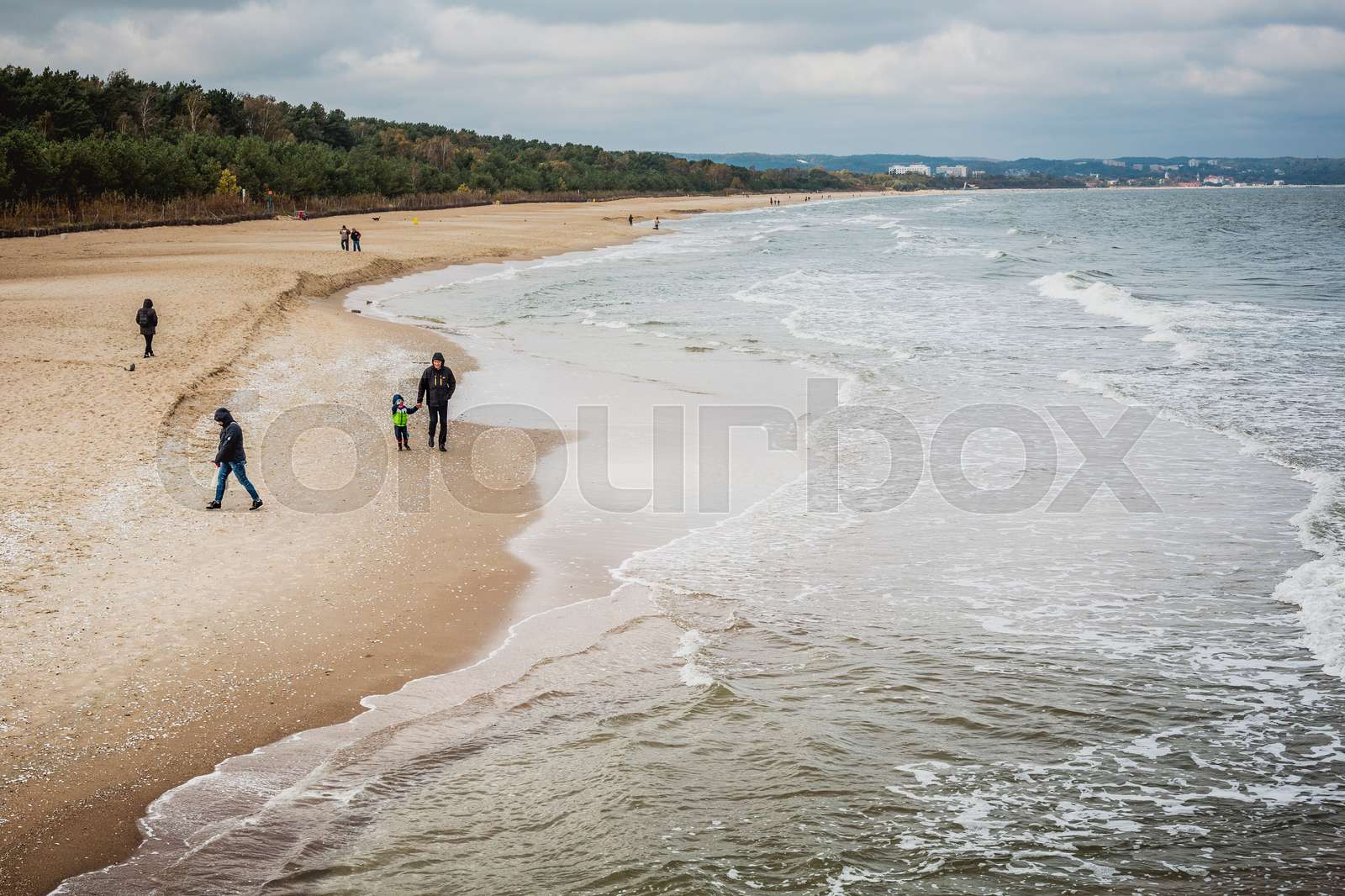 Baltic sea and the Gulf of Danzig coast in Poland. Autumn time, cloudy ...