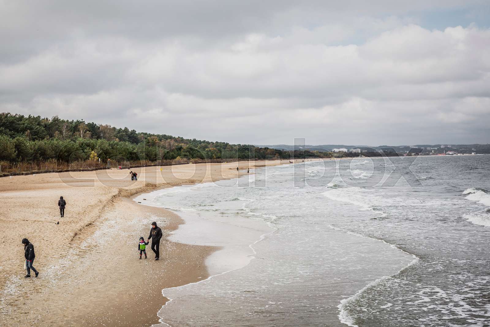 Baltic sea and the Gulf of Danzig coast in Poland. Autumn time, cloudy ...