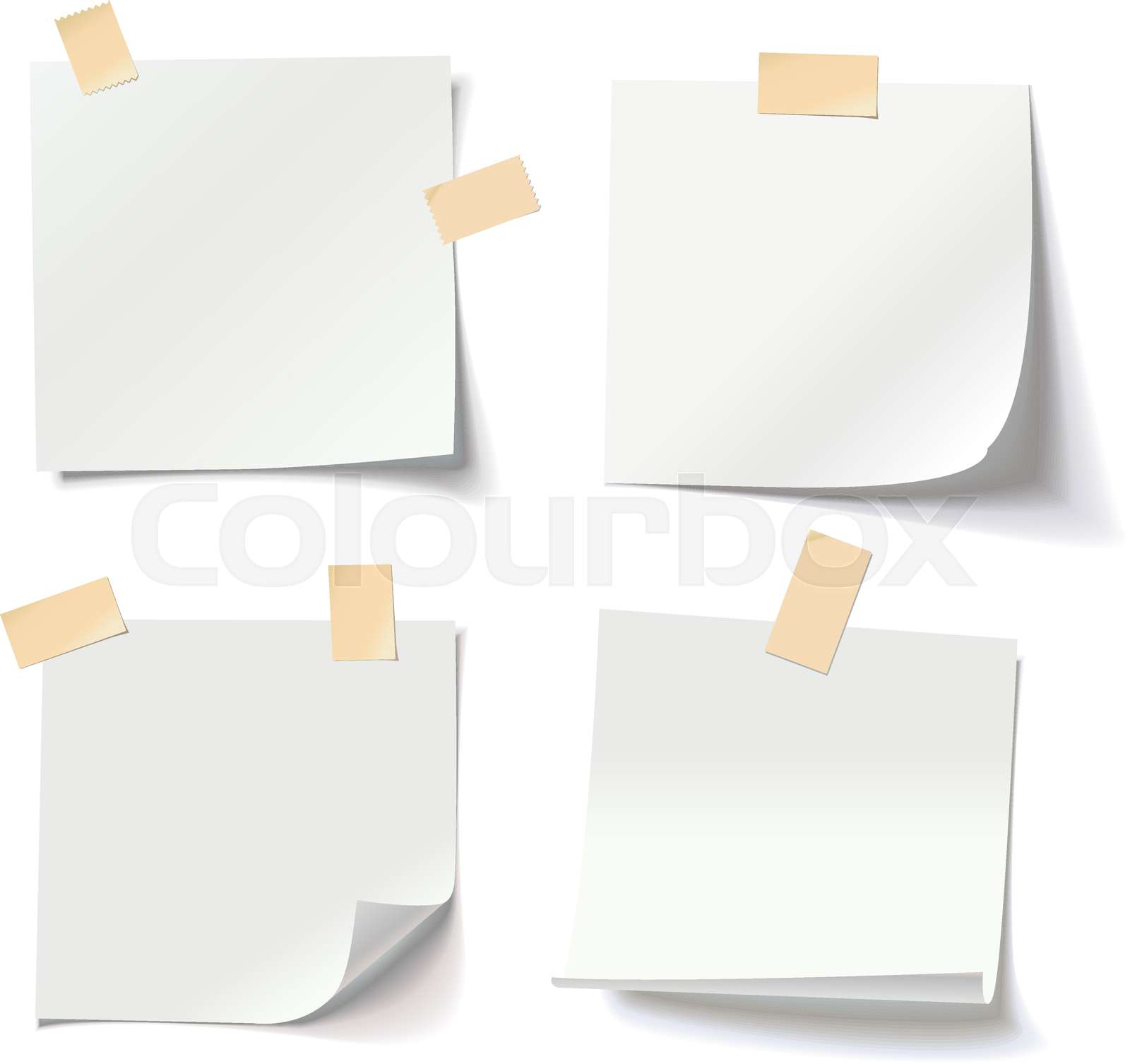 White note papers with curled corner and adhesive tape, ready for your ...