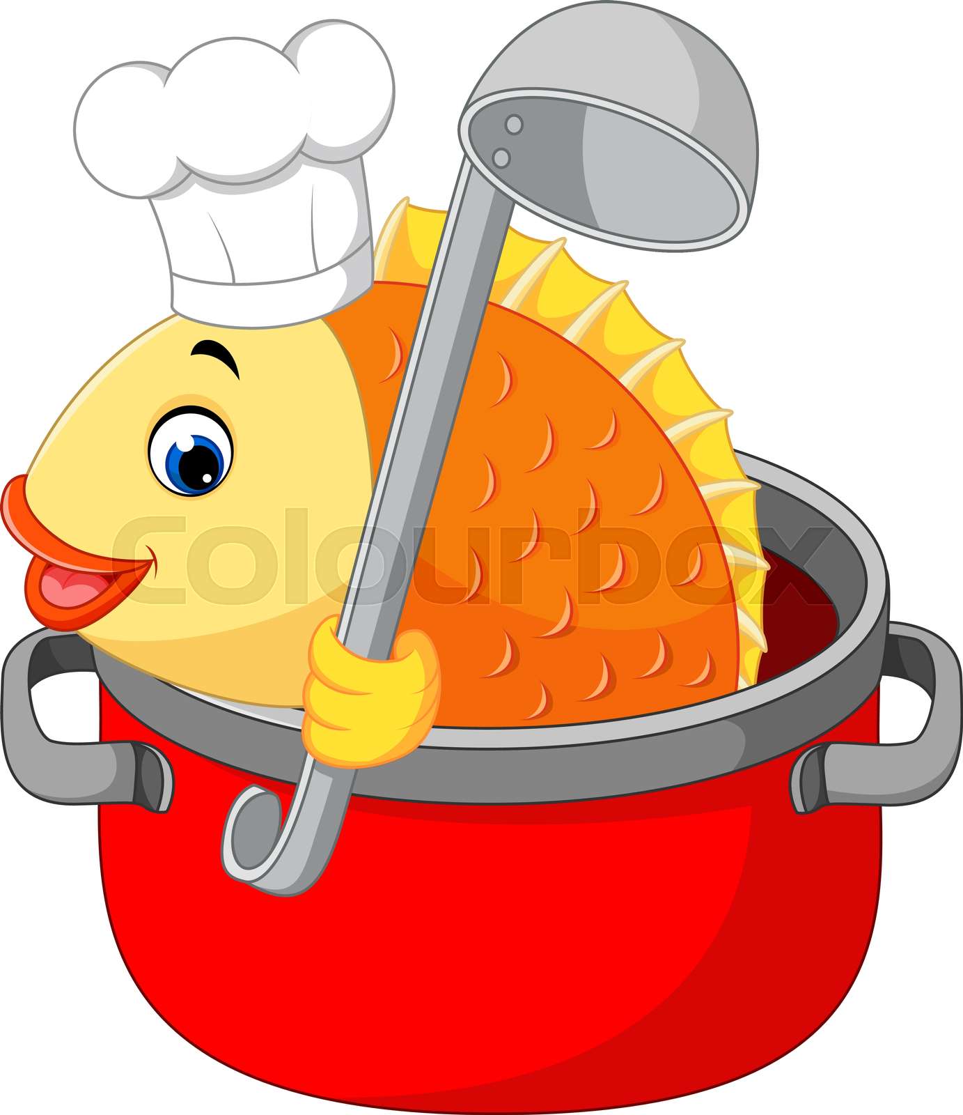 Cartoon funny fish being cooked in a pan | Stock vector | Colourbox