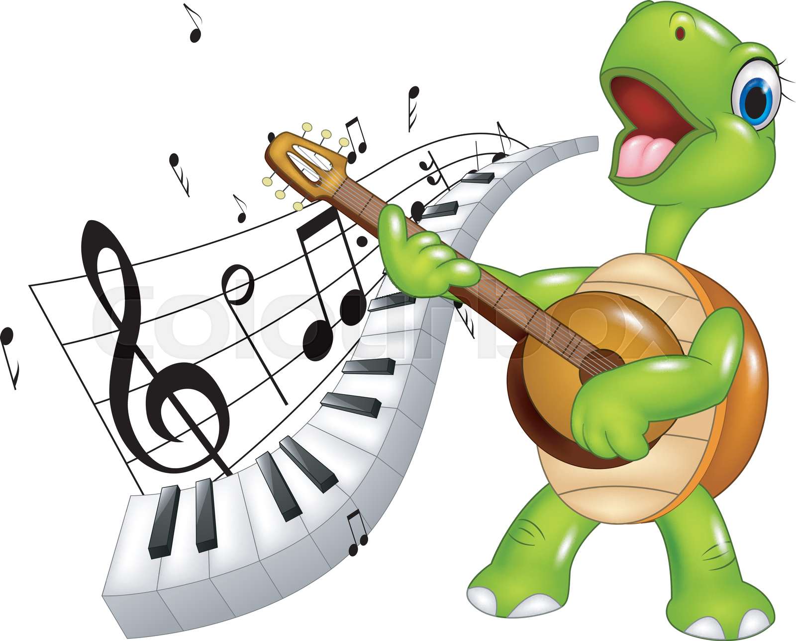 Cartoon happy turtle singing with piano keyboard | Stock vector | Colourbox